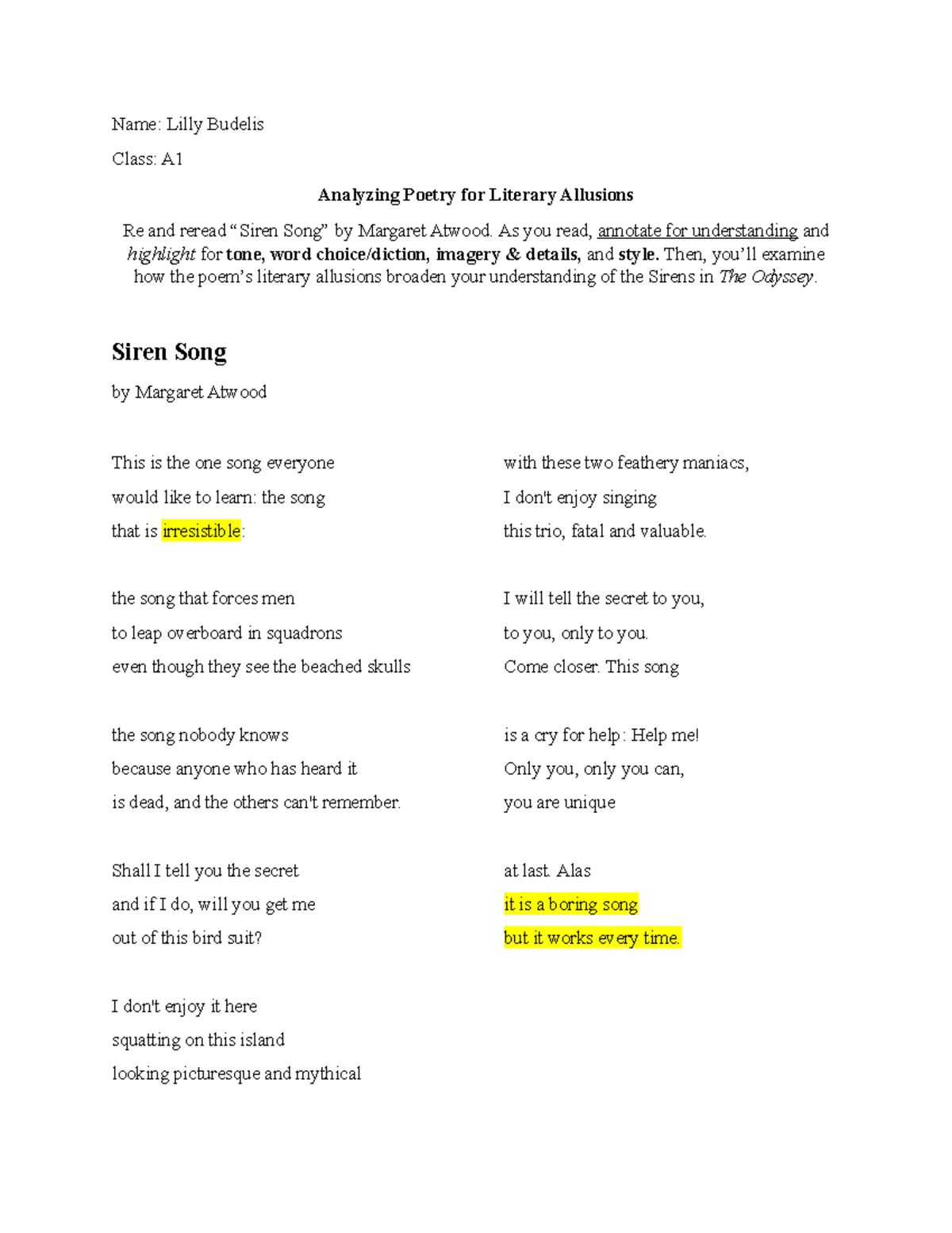 Honors Poetry Analysis: Literary Allusions in "Siren Song" - 379b1a ...