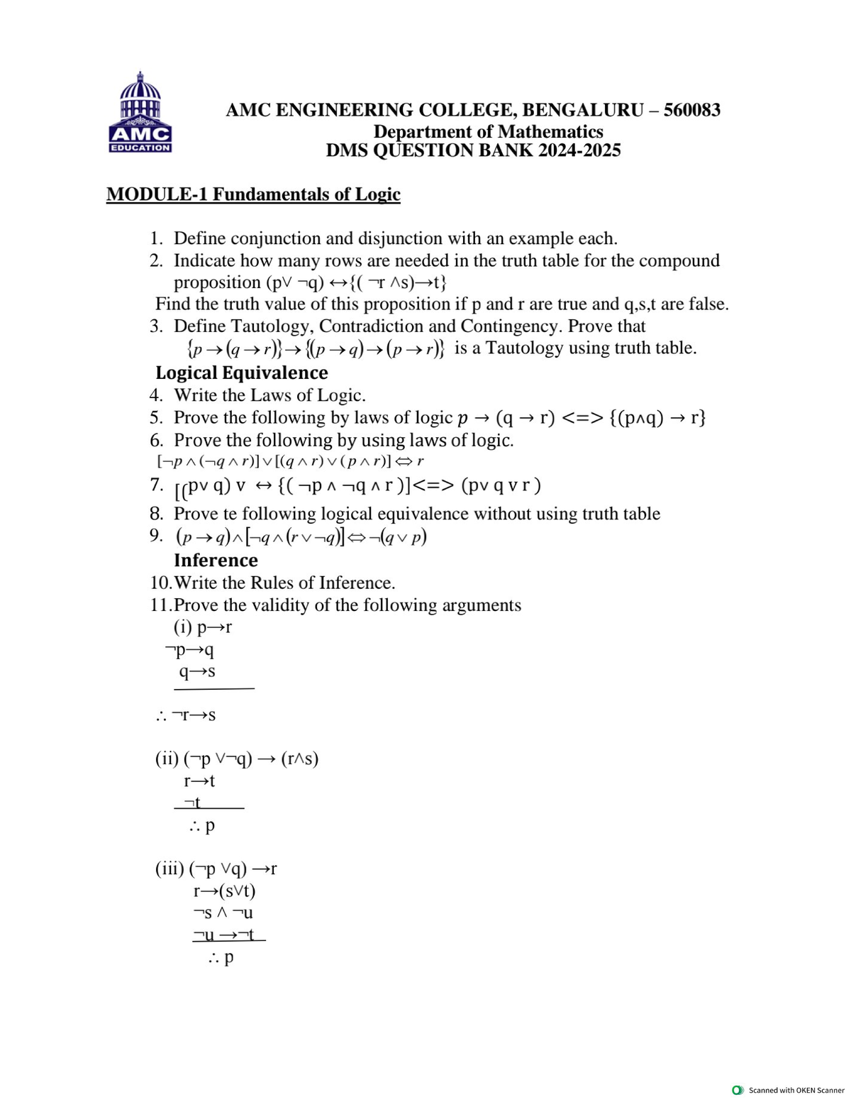 DMS Question Bank: Fundamentals of Logic & Proofs (Module 1-5) - Studocu