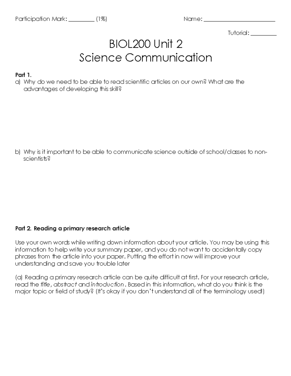 BIOL200 Tutorial 3 Worksheet - Participation Mark: _________ (1%) Name