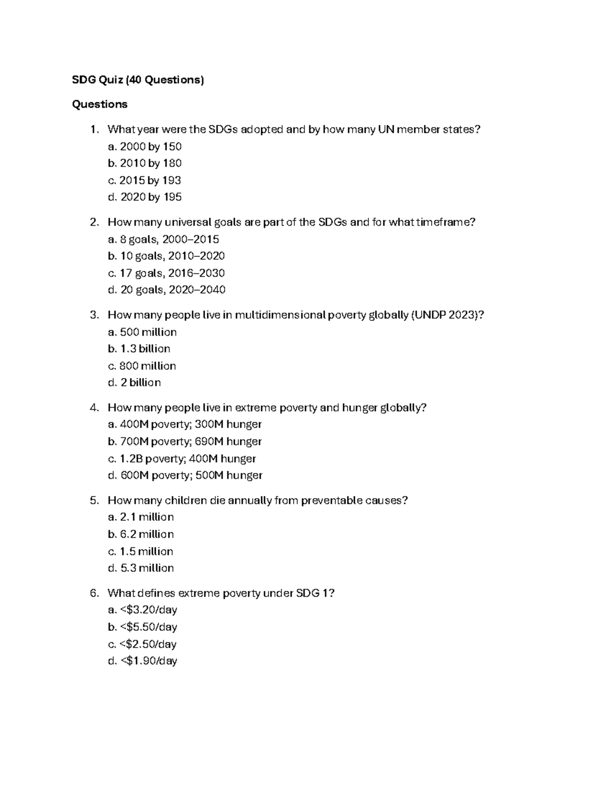SDG Quiz (40 Questions) - Study Notes - Studocu