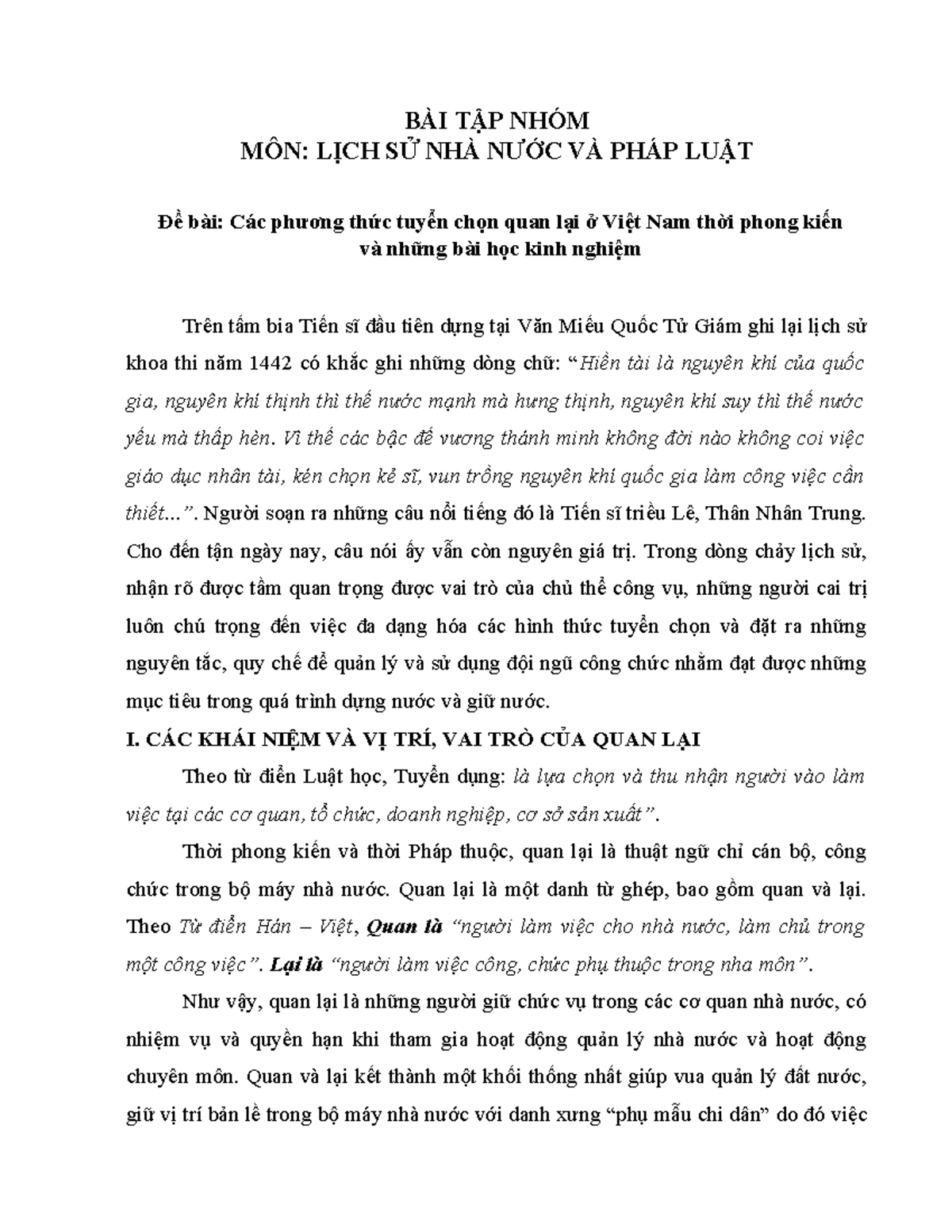Đề Tài LSNN&PL: Phương Thức Tuyển Chọn Quan Lại Thời Phong Kiến Việt Nam - Studocu