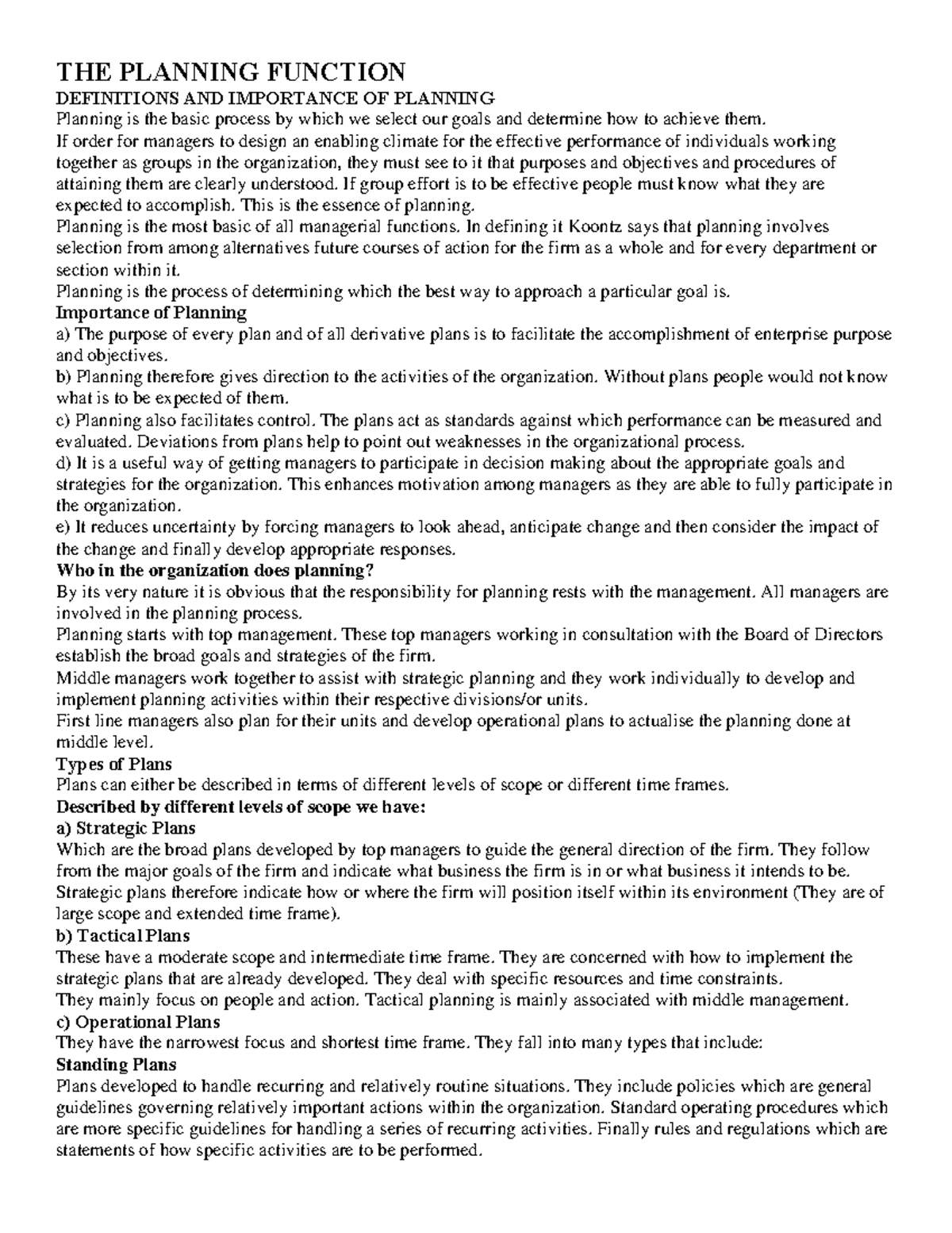 THE Planning Function: Key Concepts and Importance in Management - Studocu
