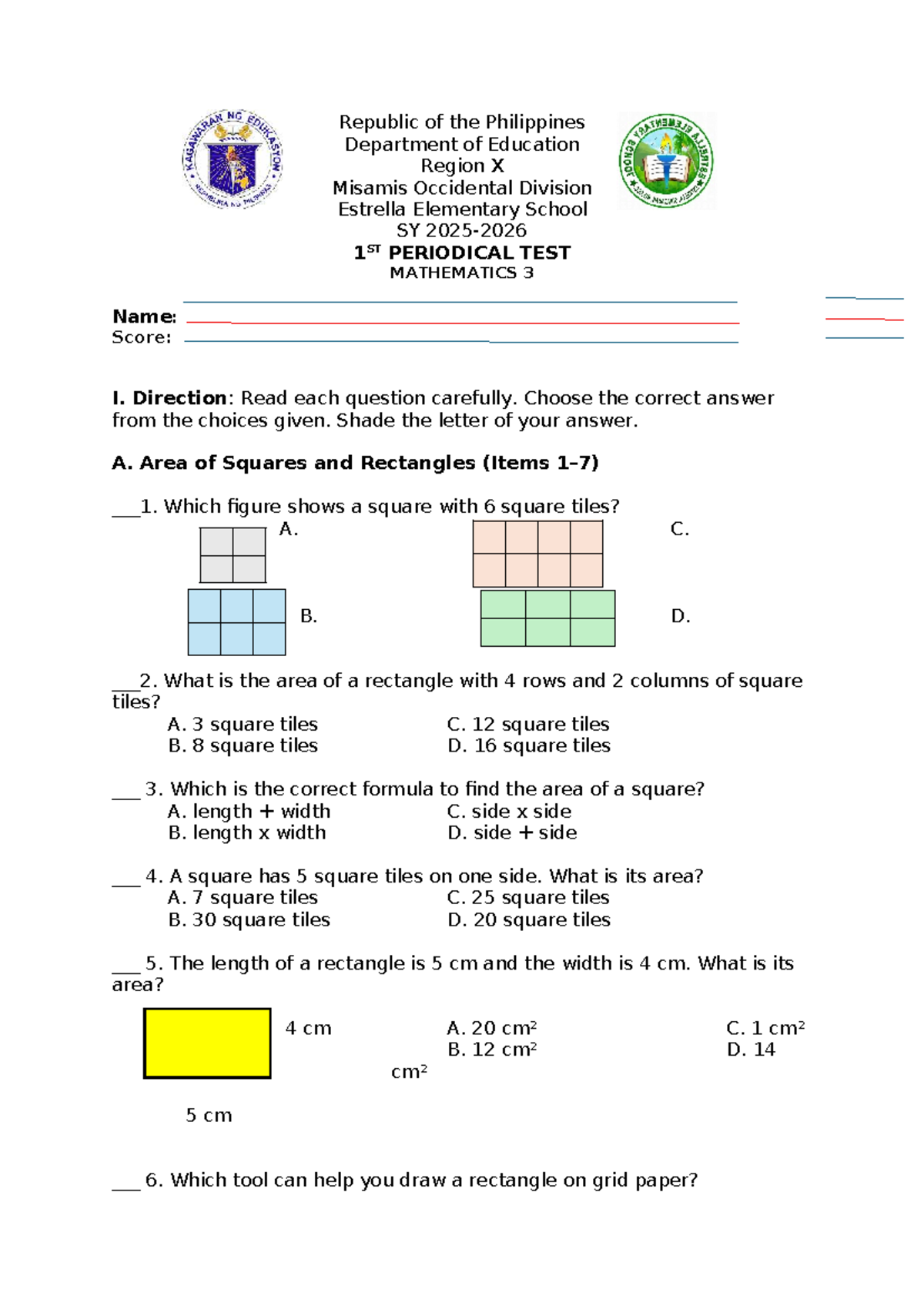 MATH3 SY 1ST PERIODICAL TEST - AREA, LINES & NUMBERS - Studocu