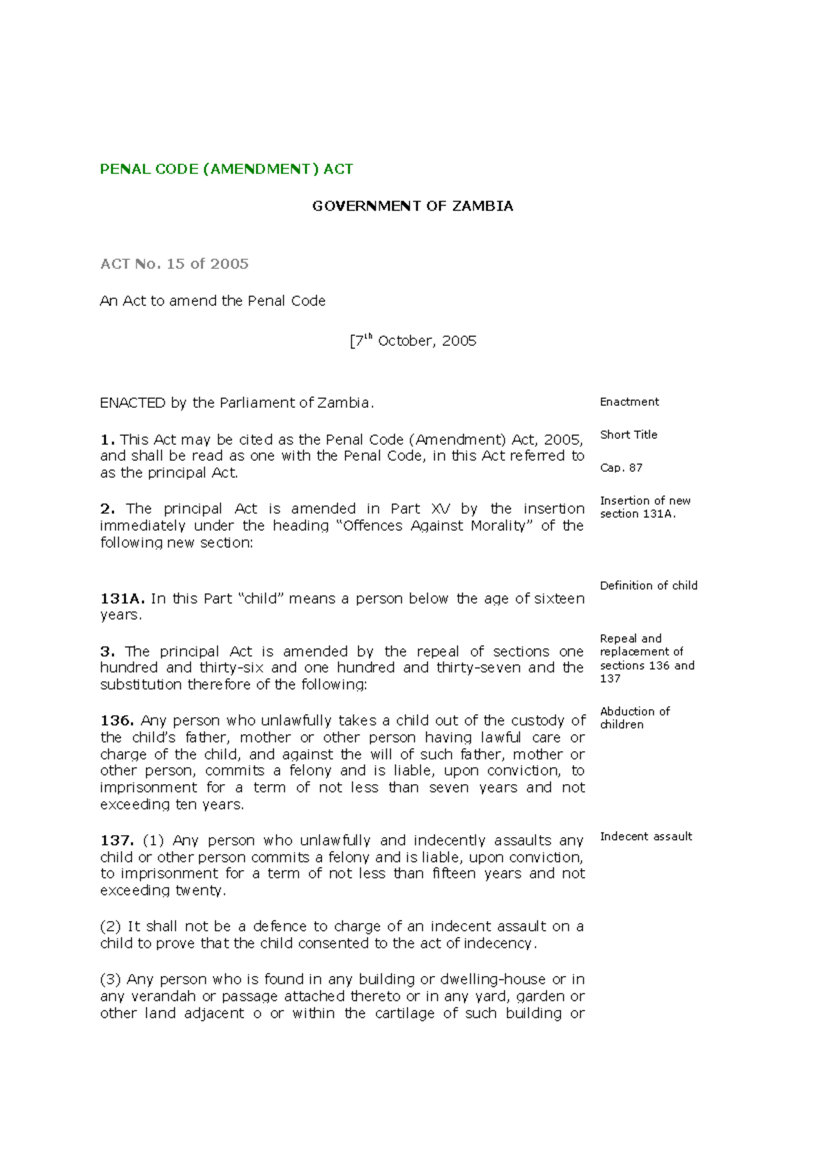 Penal Code (Amendment) Act No. 15 of 2005: Key Changes Summary - Studocu