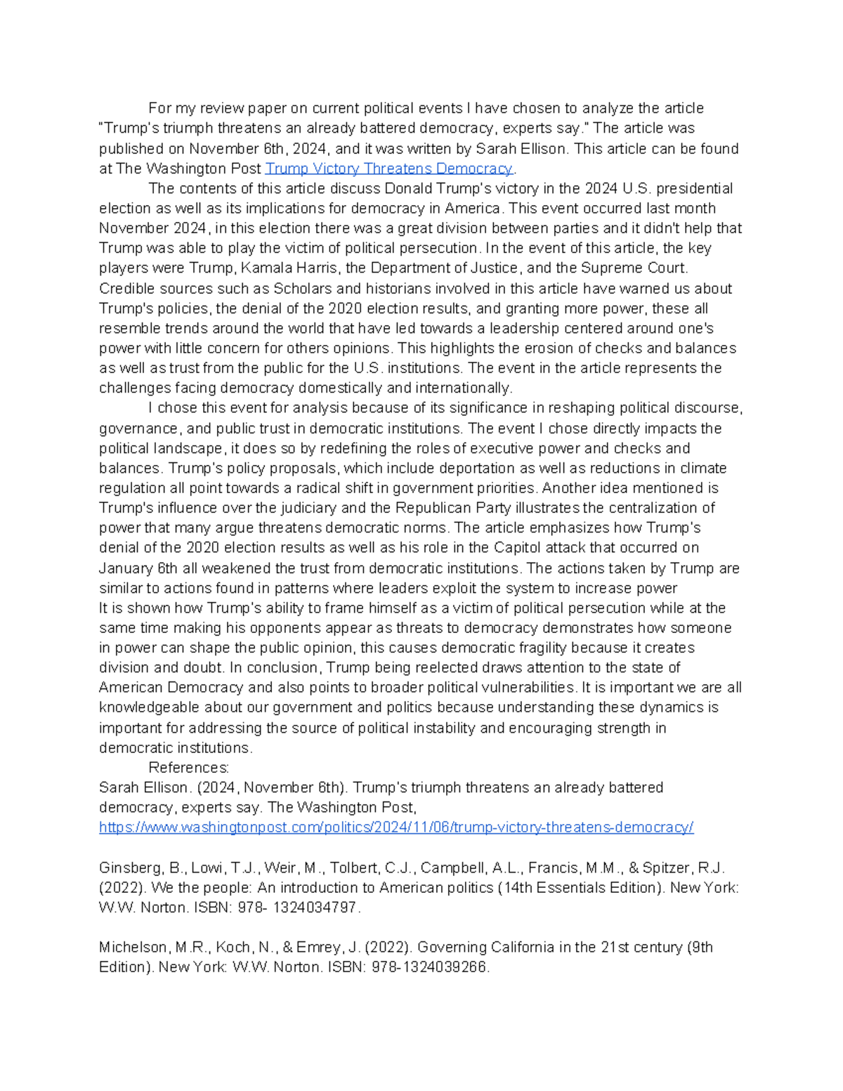 POLI 101 Political Event Review Paper: Trump and Democracy Threats ...