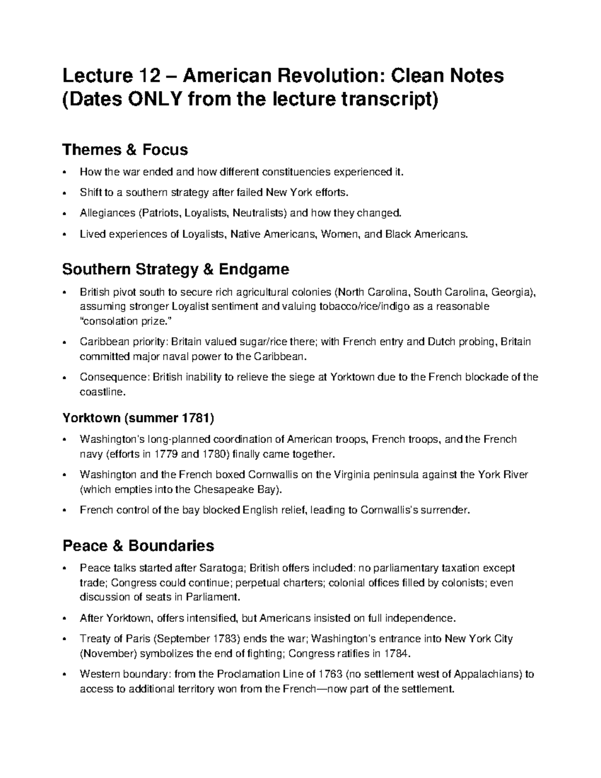 Lecture 12: American Revolution Key Themes & Events Summary - Studocu