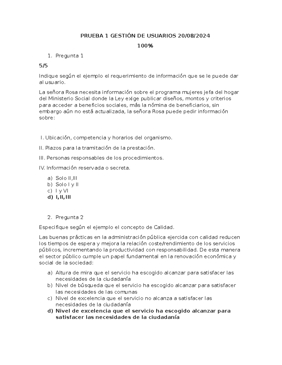Prueba 1 Gestión de Usuarios 2024: Preguntas y Respuestas Clave - Studocu