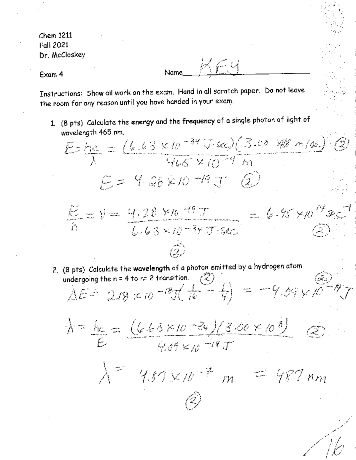 Chem 1211 Exam 4 Key: Photon Calculations & Electron Configurations ...