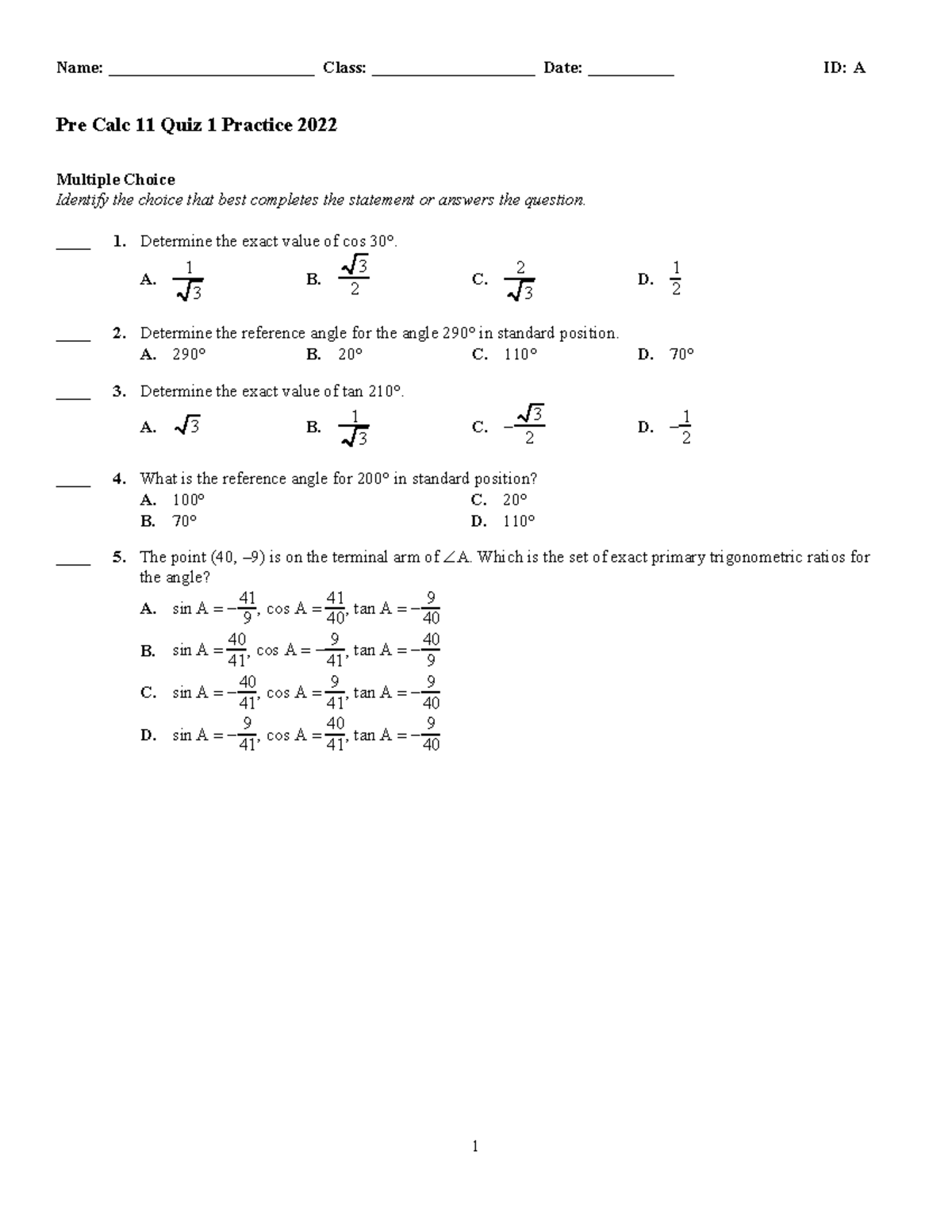 Pre Calc 11 Quiz 1 Practice 2022 - Trig Concepts & Questions - Studocu