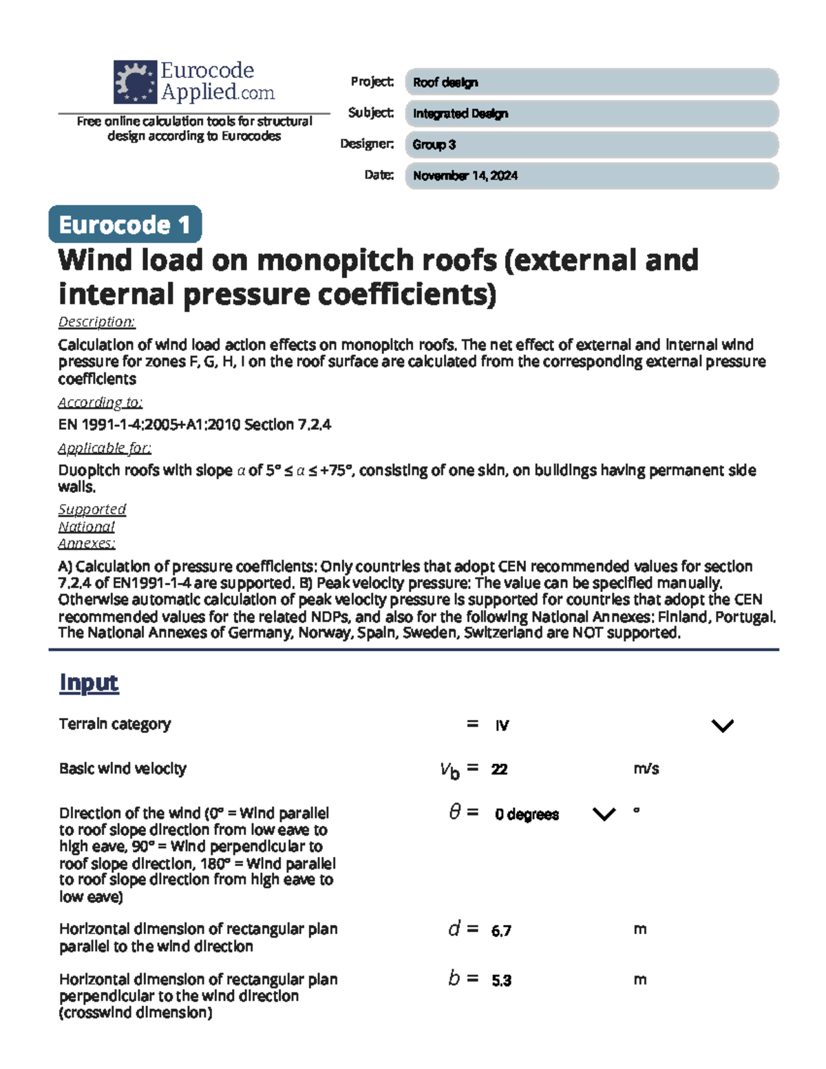 Eurocode 1: Wind Pressure Load Calculations for Monopitch Roofs - Studocu
