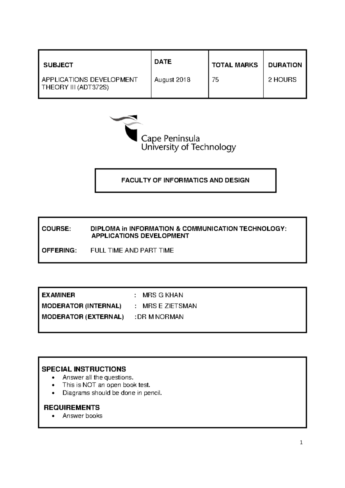 ADT372S August 2018 Applications Development Theory Exam Paper - Studocu