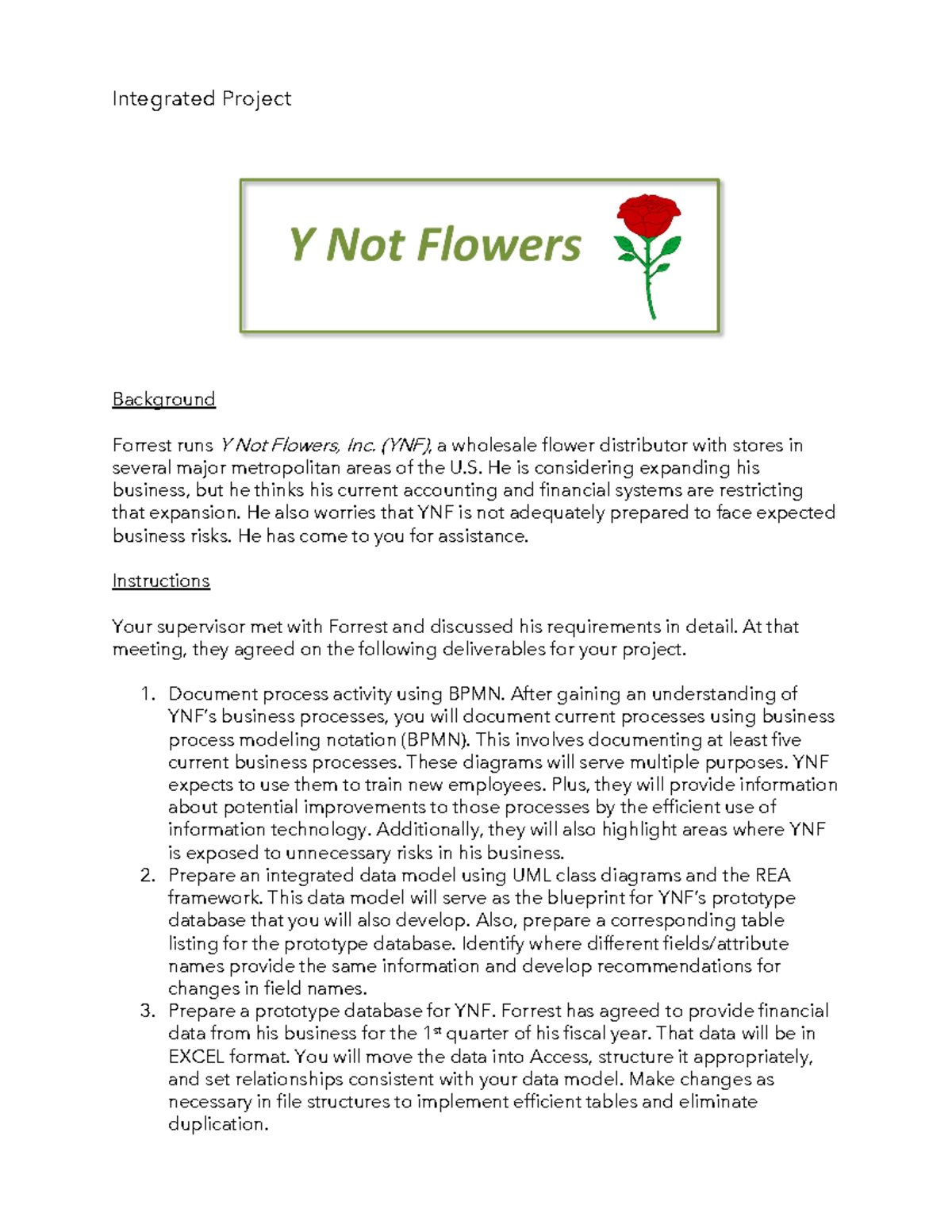 Integrated Project YNF: BPMN and Database Development Instructions ...