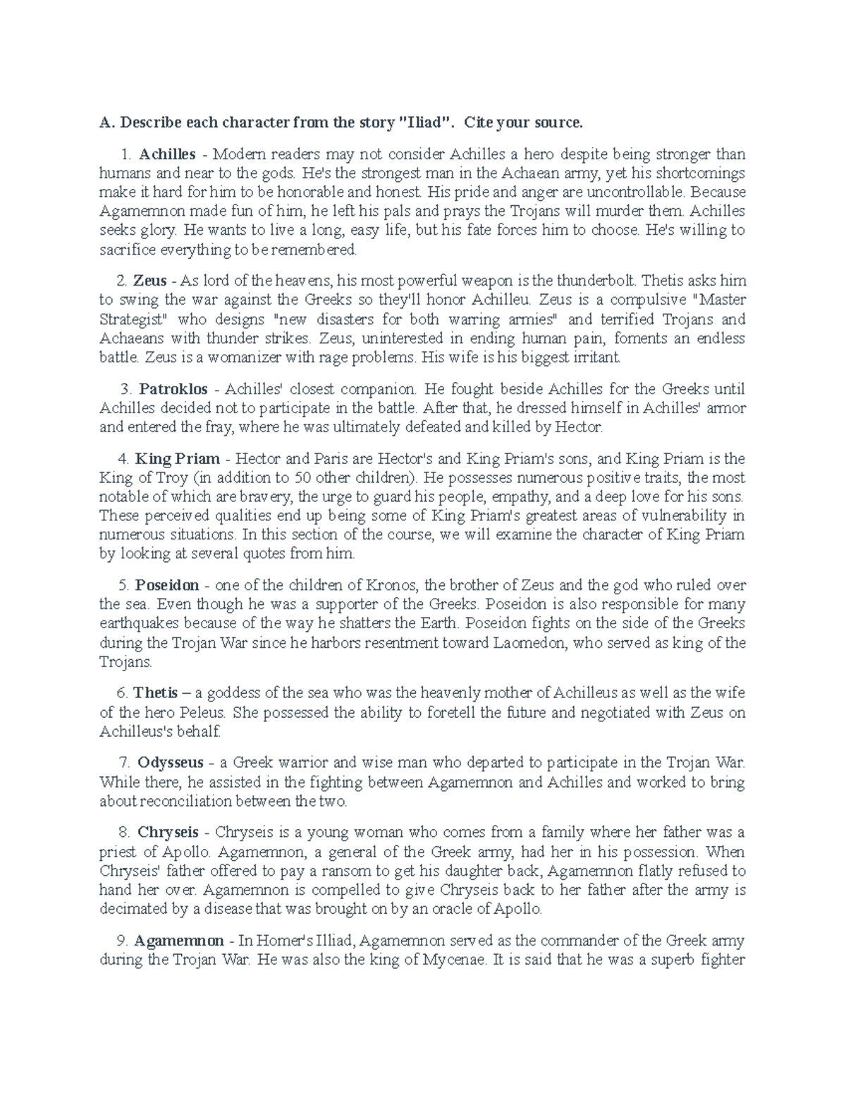 WLIT ASS2 - ASSIGNEMENT ABOUT ILIAD - A. Describe each character from the story "Iliad". - Studocu