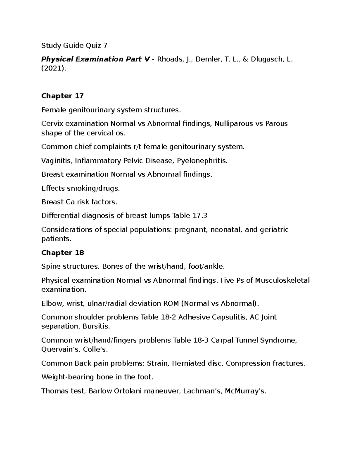 NUR 504 Week 7 - Study Guide Quiz 7 - Study Guide Quiz 7 Physical ...