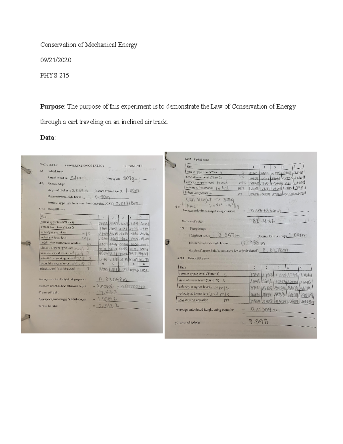 PHYS 215 - Lab Experiment on Conservation of Mechanical Energy - Studocu