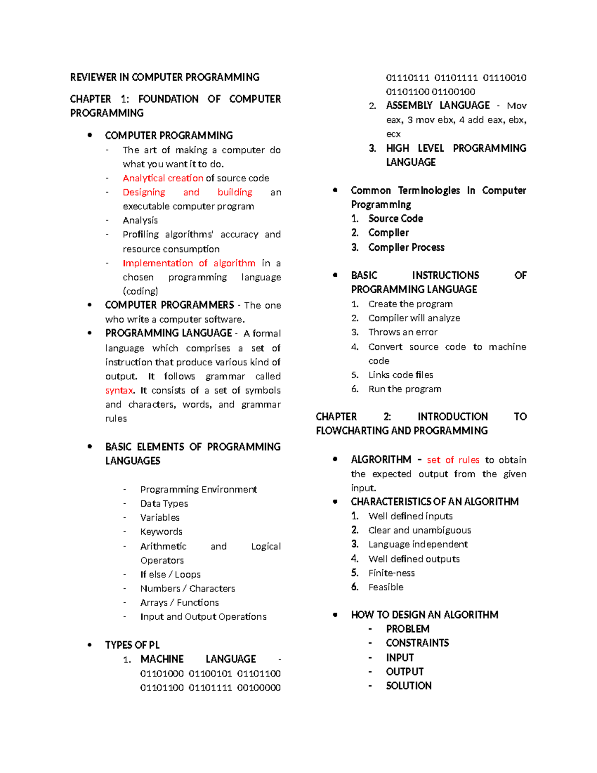 Computer Programming 01101100 01100100: Comprehensive Reviewer - Studocu
