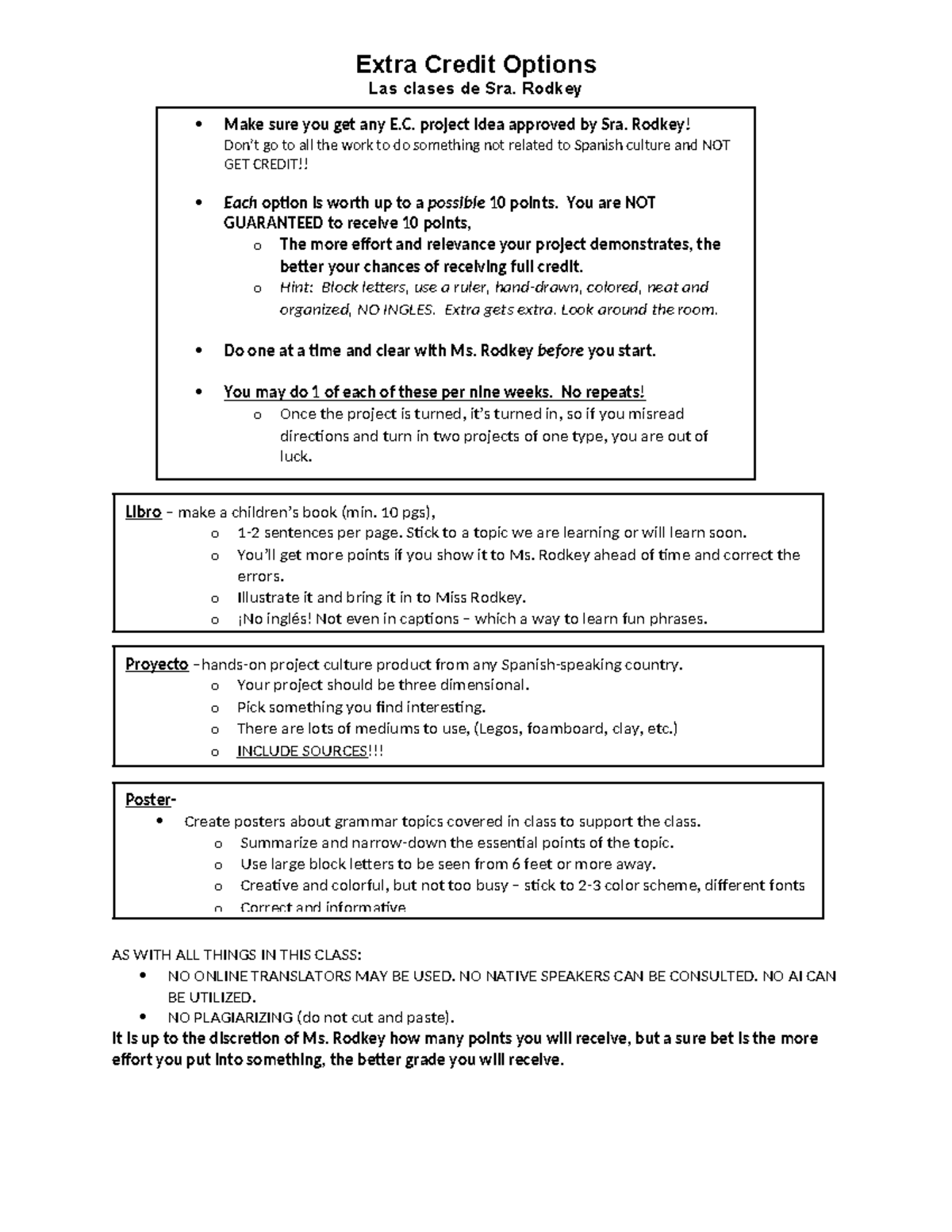 Extra Credit Options for Spanish Class (JRT) - Studocu