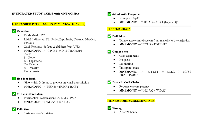 NCM104 Integrated Study Guide: Immunization & Public Health Mnemonics ...