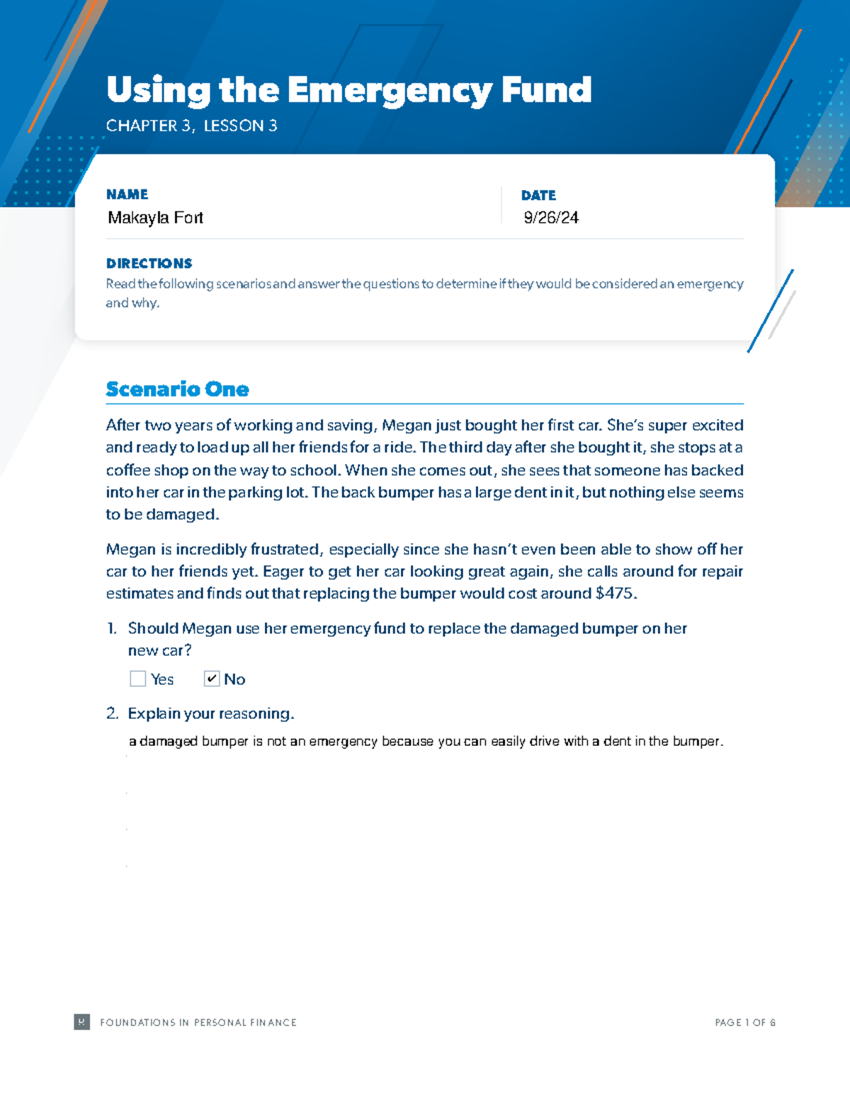 Chapter 3, Lesson 3 Activity: Identifying Emergency Fund Scenarios ...
