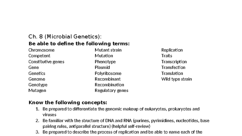 Ch. 8 (Microbial Genetics) Study Guide: Key Terms & Concepts - Studocu