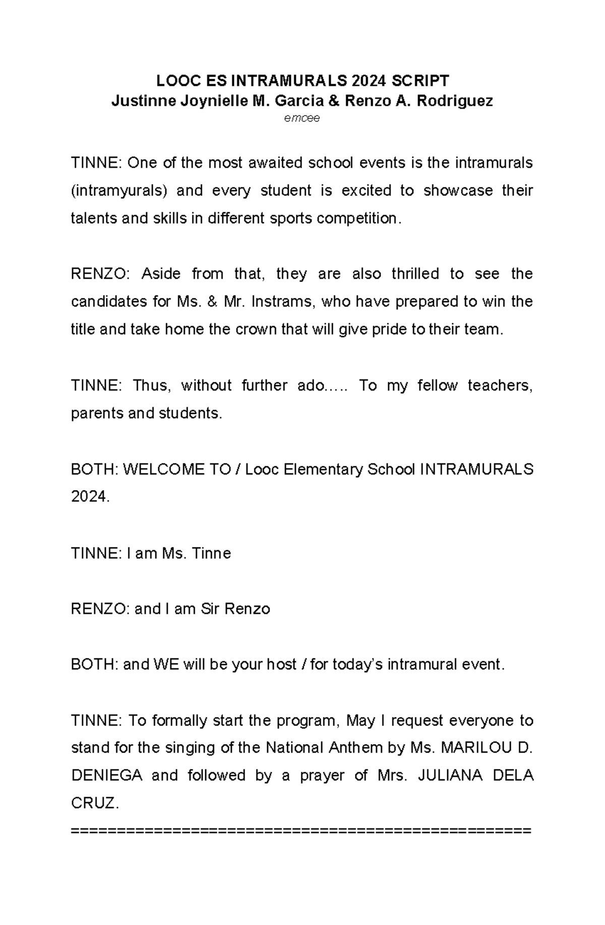 Intrams Script for Looc Elementary School 2024 Event - Studocu