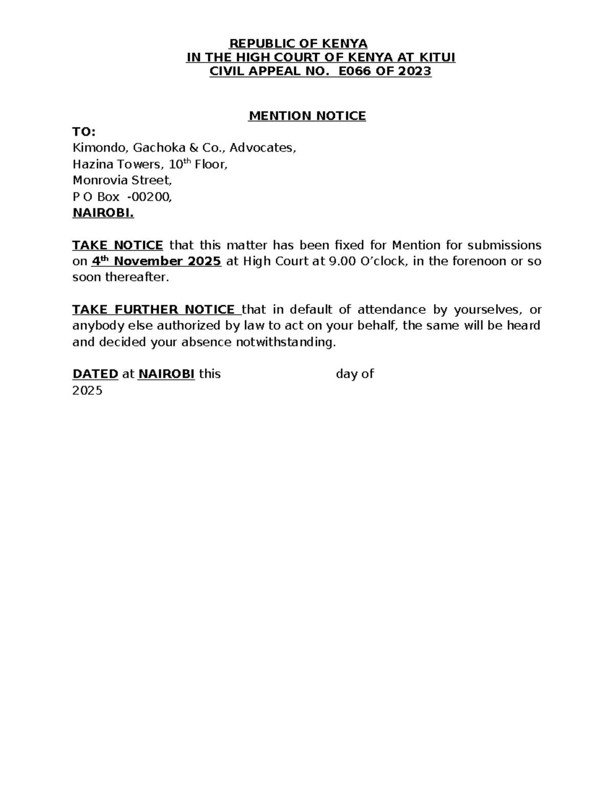 Mwikali Kasusya - mention notice - REPUBLIC OF KENYA IN THE HIGH COURT ...