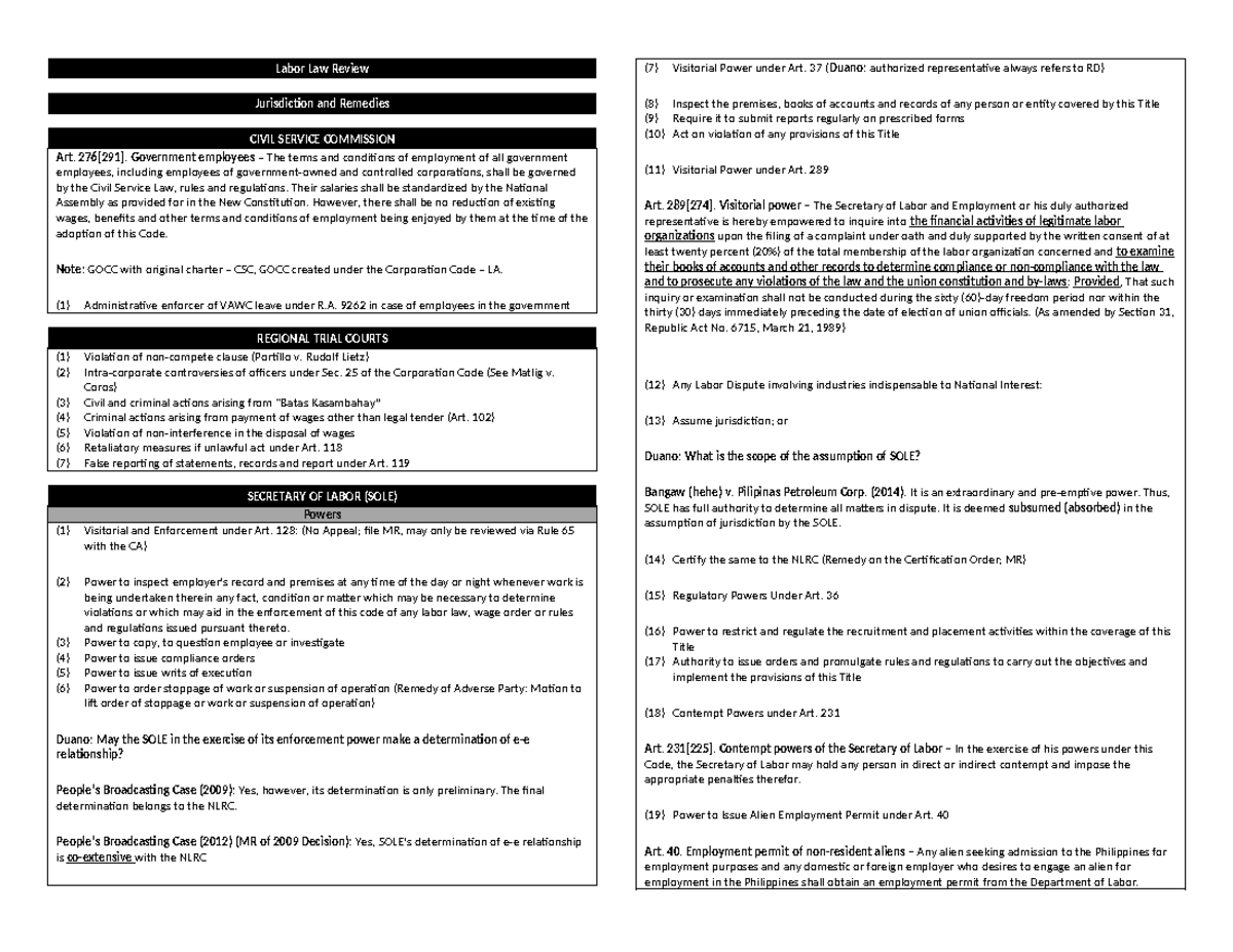 Labor Law Review: Jurisdiction and Remedies Overview (CIVIL SERVICE ...