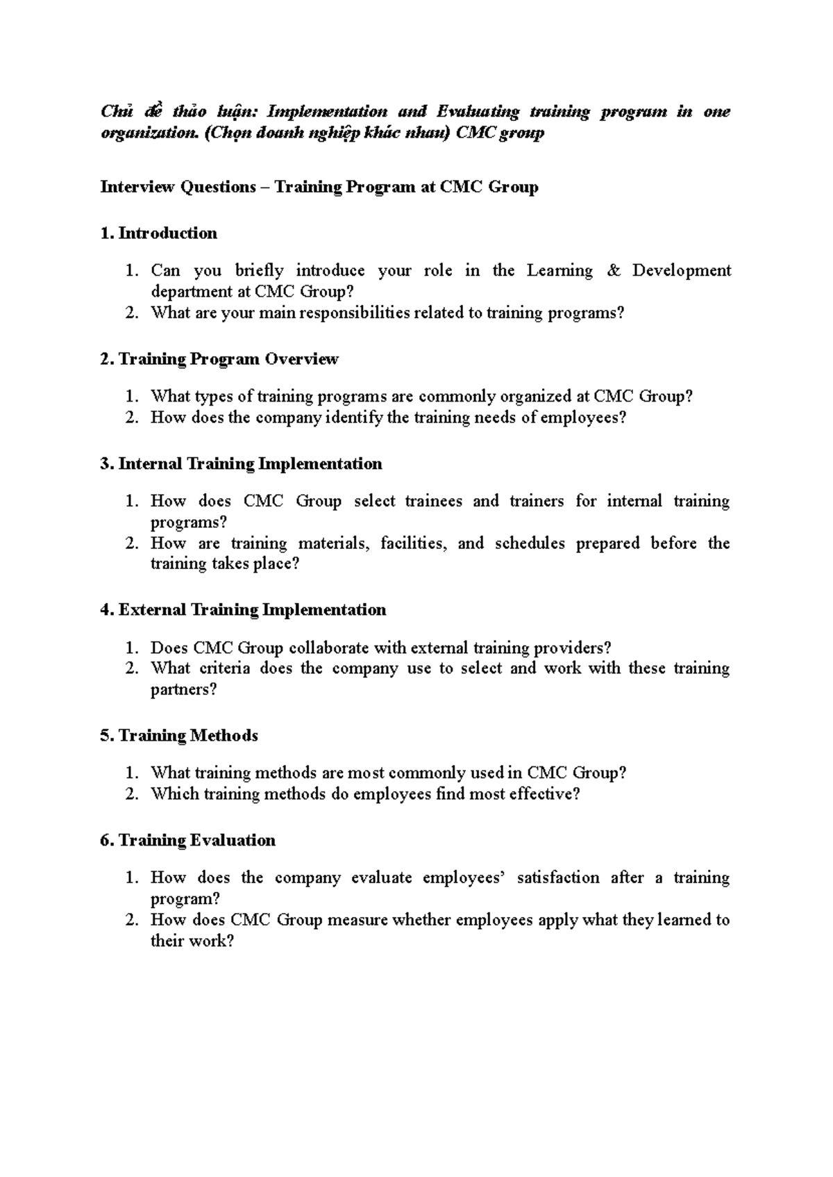 CMC Group Training Program Evaluation and Implementation Guide - Studocu