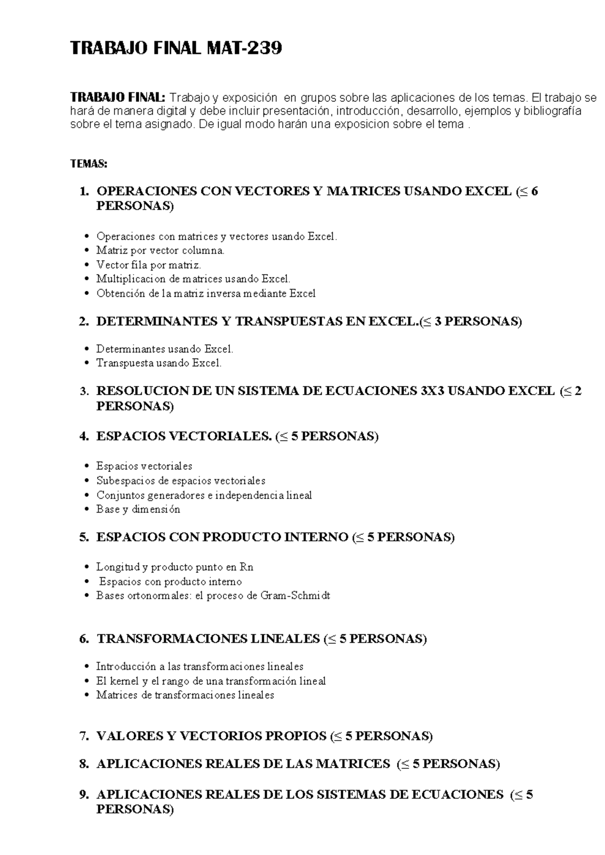 TRABAJO FINAL: Aplicaciones de Matrices y Vectores en Excel - Studocu