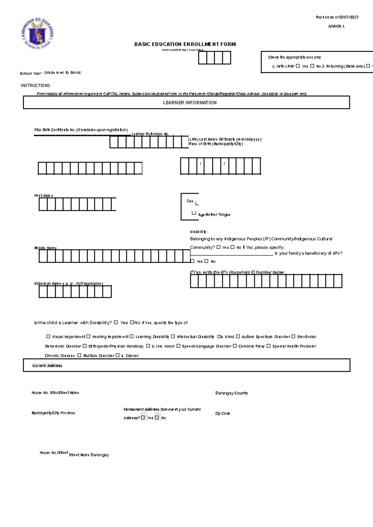Annex Basic Education Enrollment Form - Revised as of 03/27/ ANNEX 1 ...
