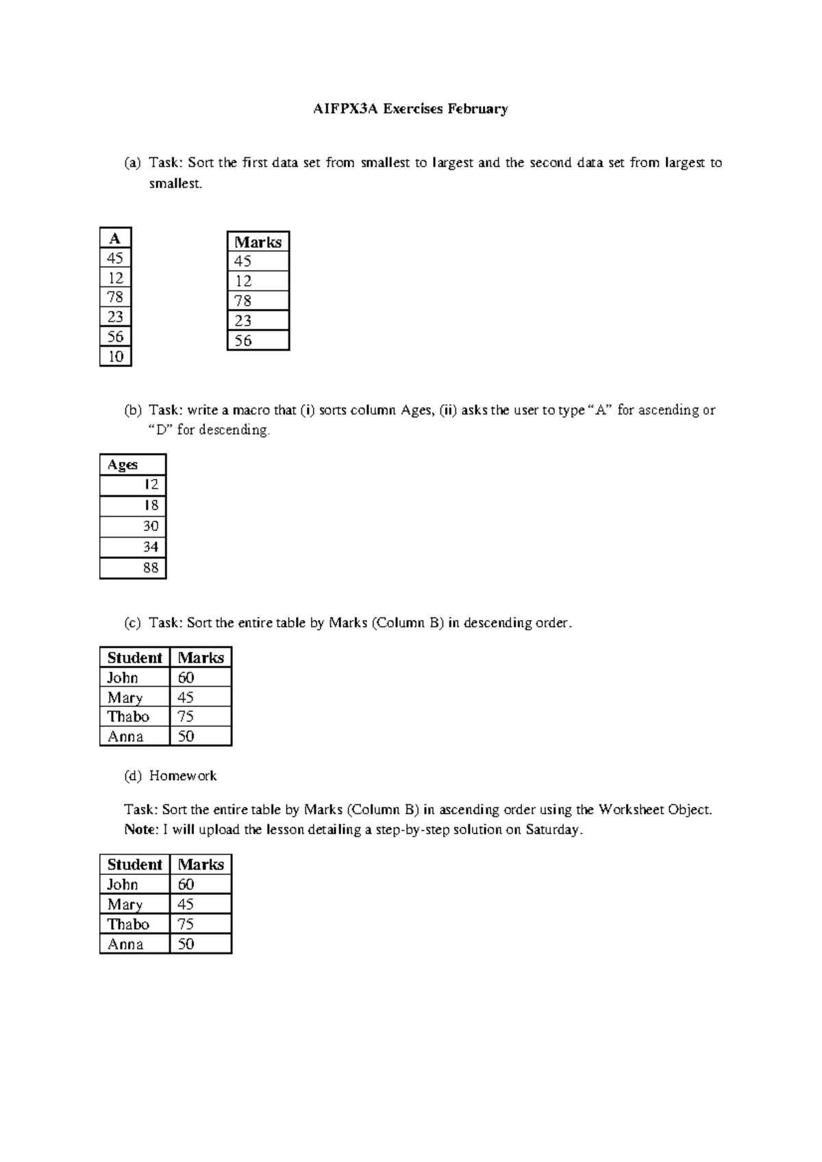 AIFPX3A Sorting Exercises - February Tasks and Solutions - Studocu