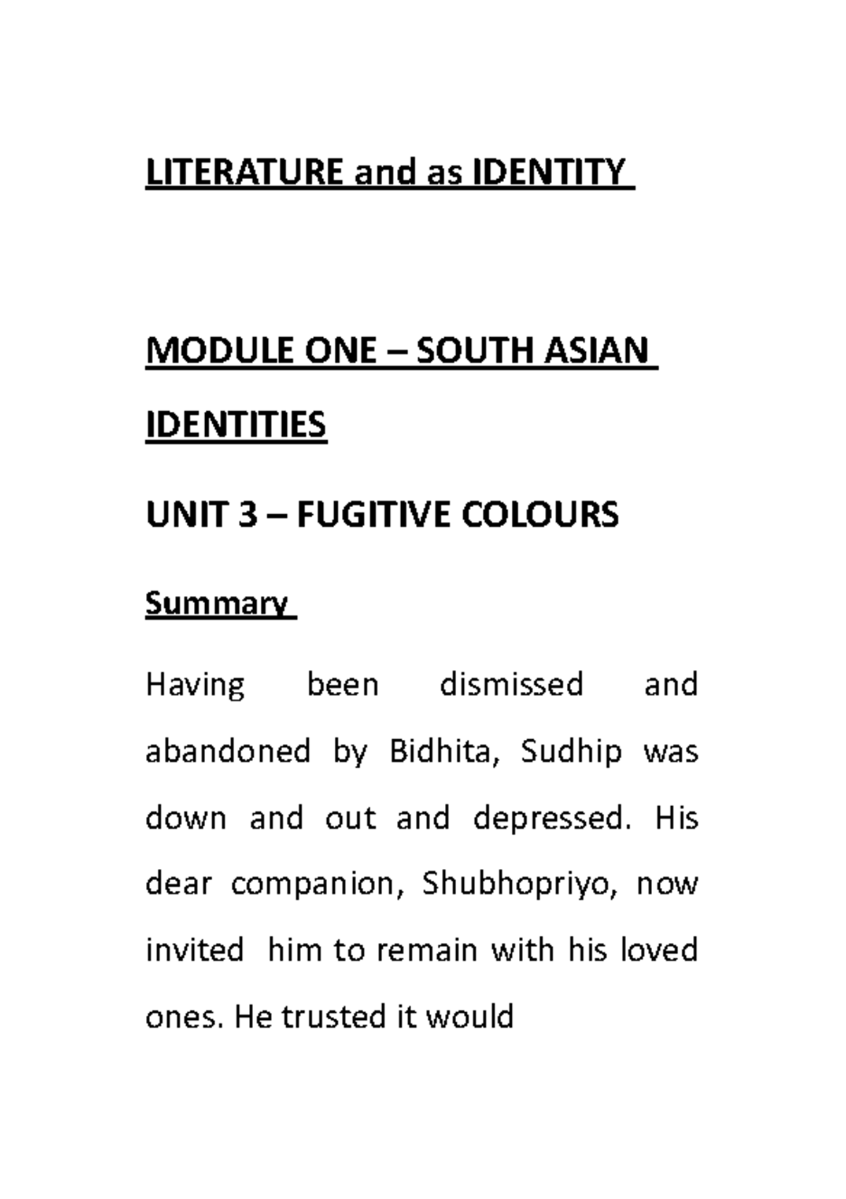 Literature and as Identity - Module 2 - UNIT 3 - Summaries - LITERATURE and as IDENTITY MODULE ...