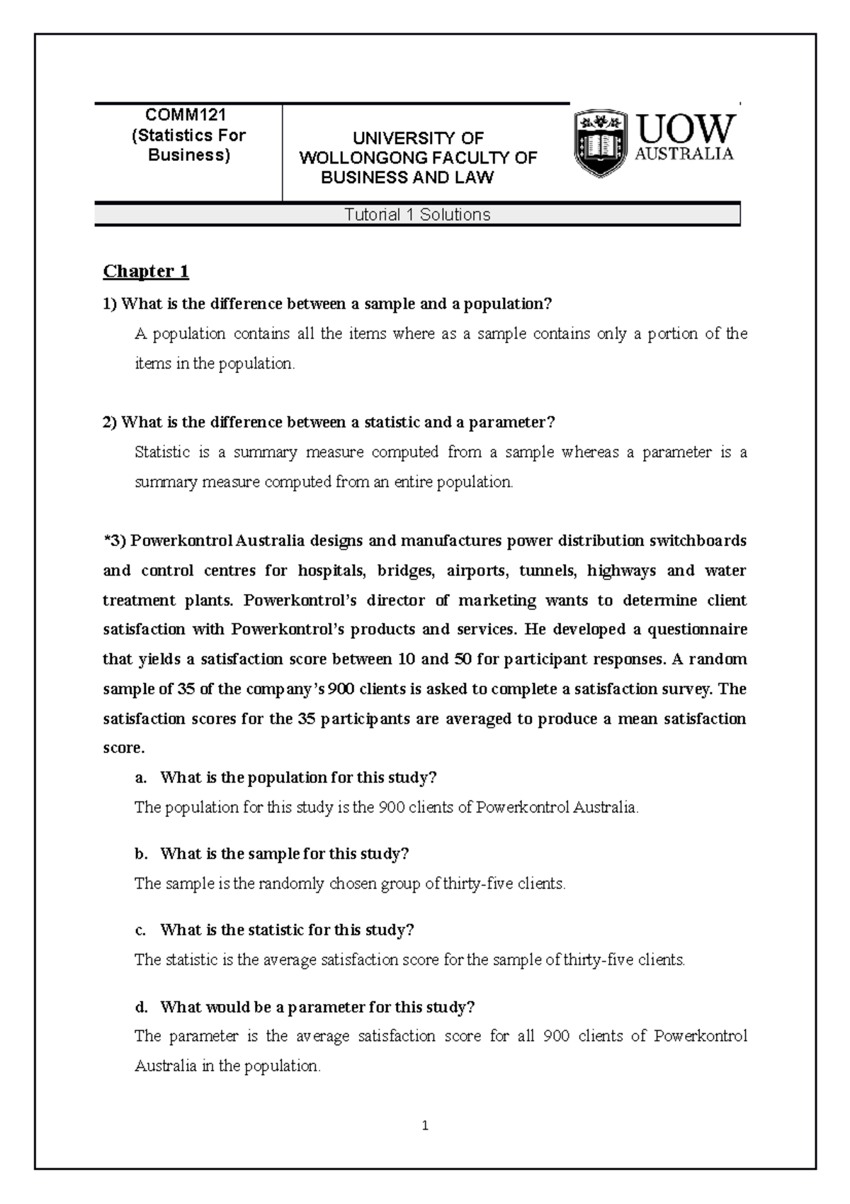COMM121 T01 Solutions chapter 1-3 - ####### COMM (Statistics For ...