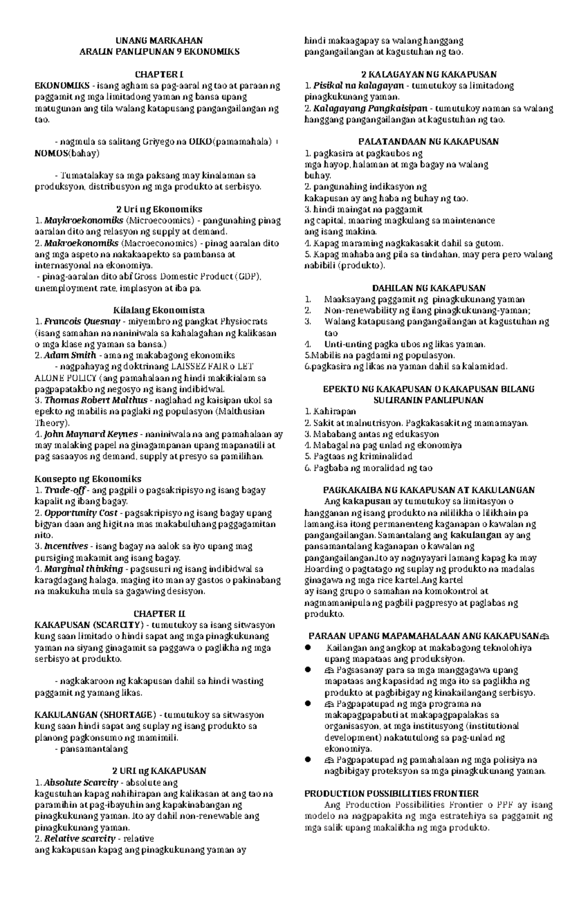 AP Grade 9 Economics Module: Unang Markahan Handouts - Studocu