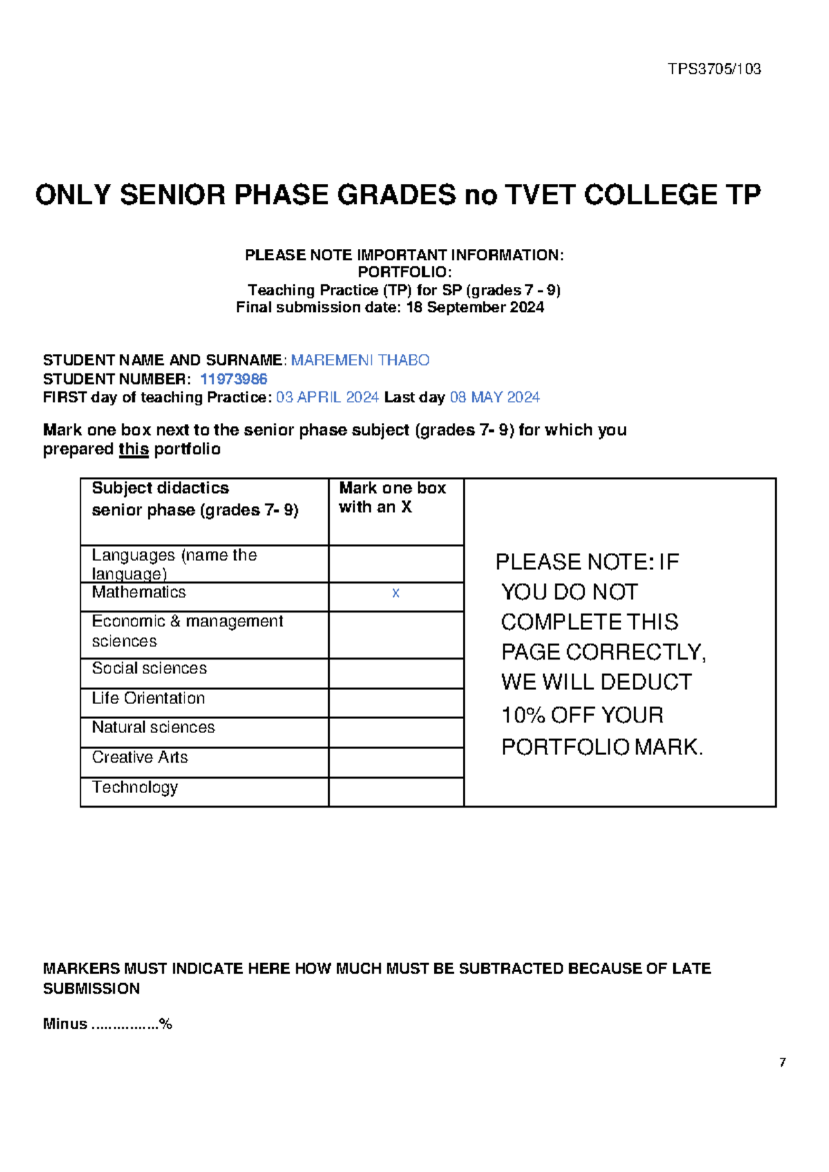 TPS3705 Senior Phase Teaching Practice Portfolio Documentation - Studocu