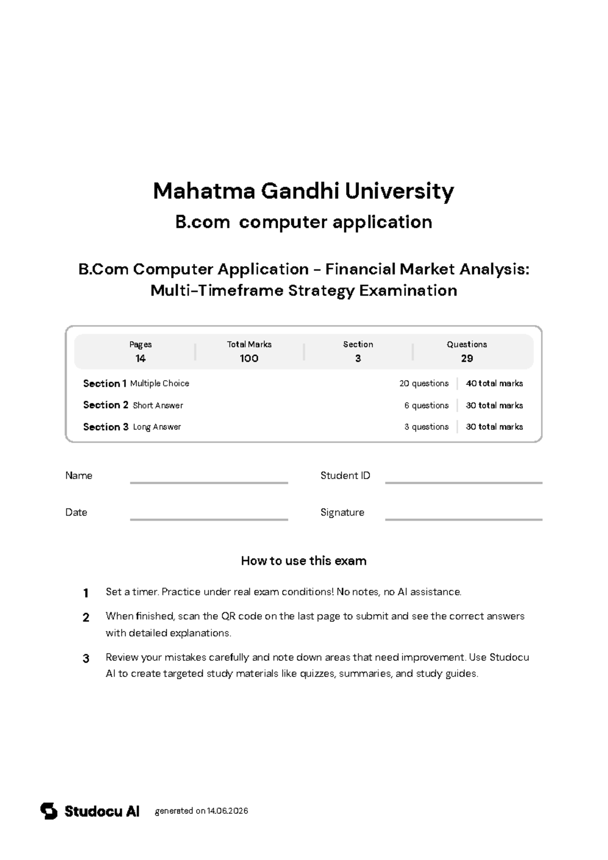 B.Com Computer Application - Final Exam on Financial Market Analysis ...