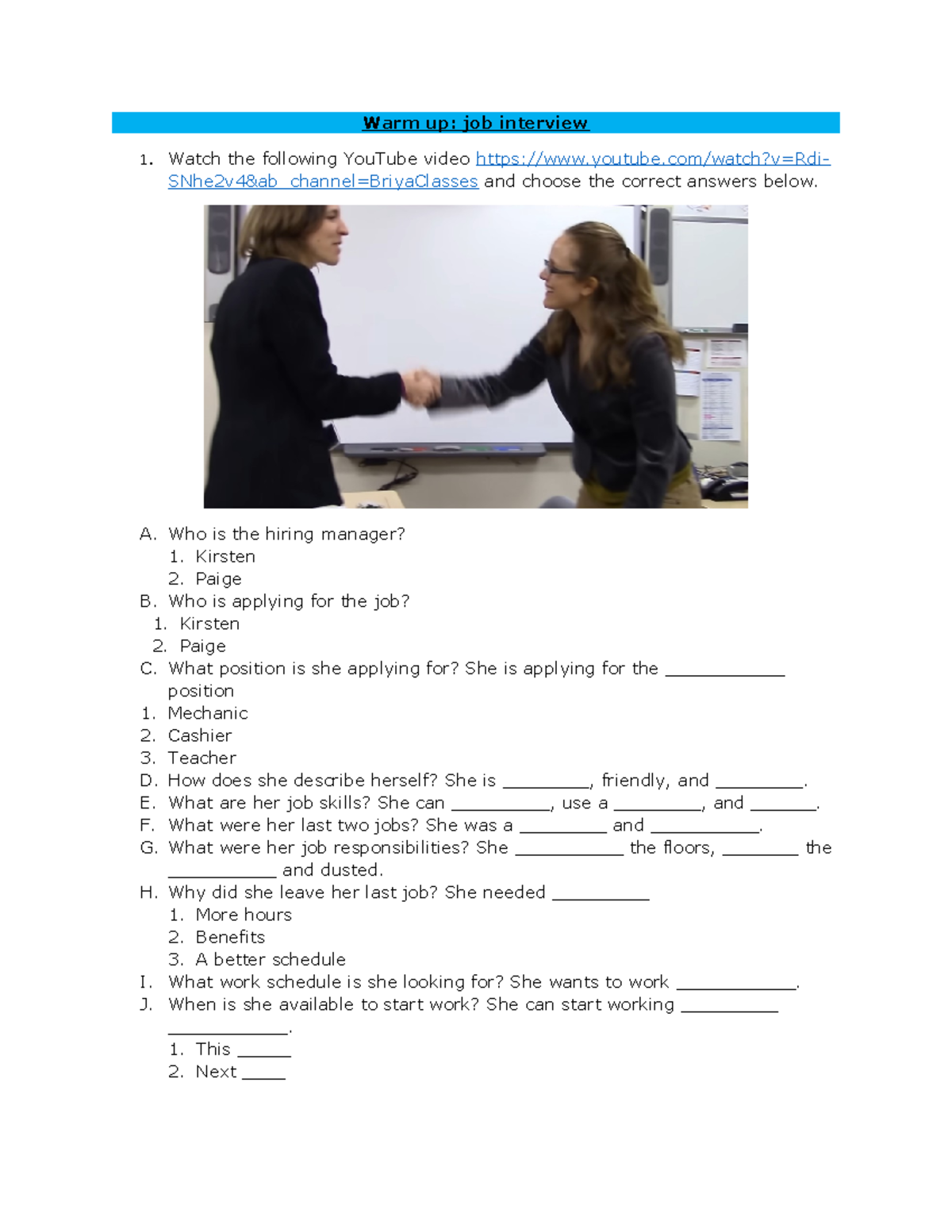 Job Interview Warm-Up Guide: Strategies & Sample Questions - Studocu