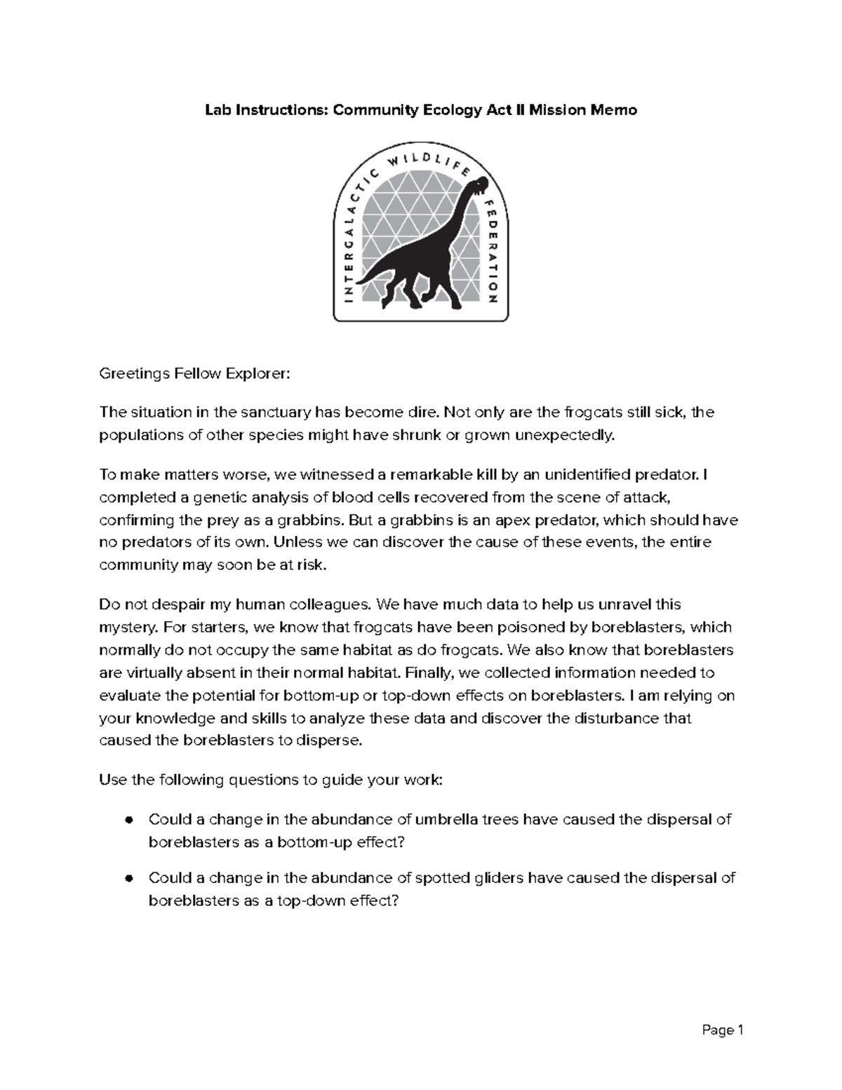 Lab Instructions: Community Ecology Act II Mission Memo Analysis - Studocu