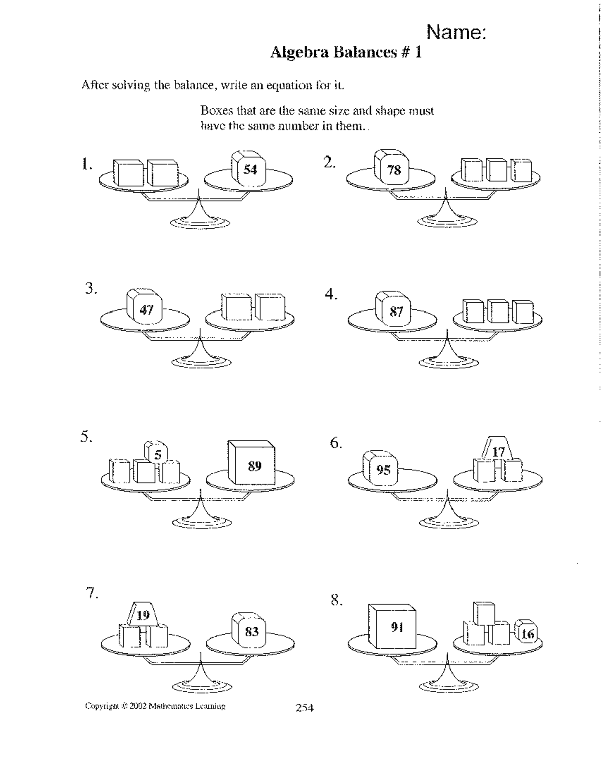 Algebra Balances - Boxes that are the same size and shape must have the ...