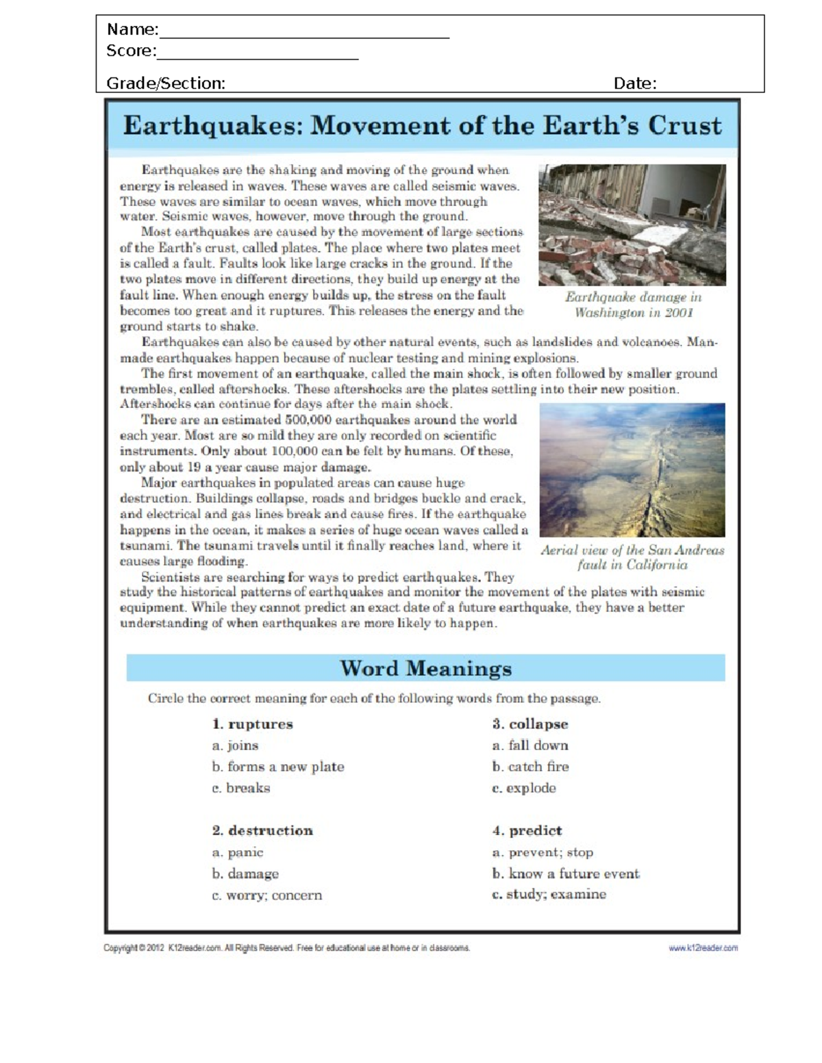 1st Activity 9-5-2024 - Work Sheet - Name: Score: Date: Earthquakes ...