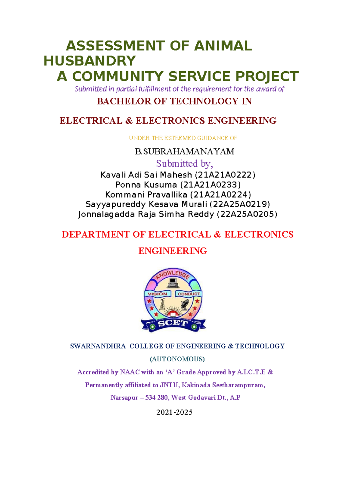 Assessment of Animal Husbandry: Community Service Project (B.Tech ...