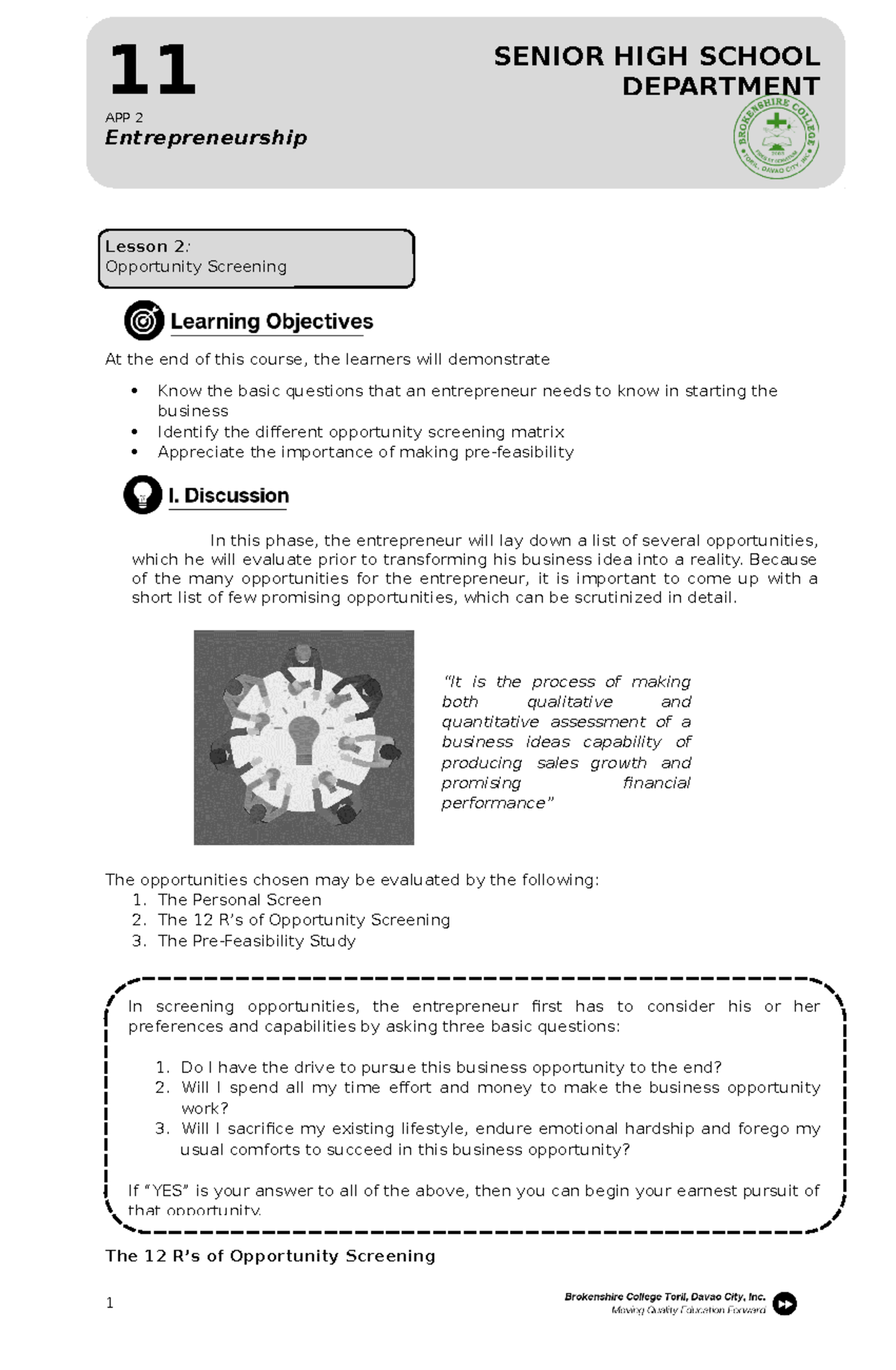 Entrepreneurship-Lesson-2 Opportunity Screening - Lesson 2 ...