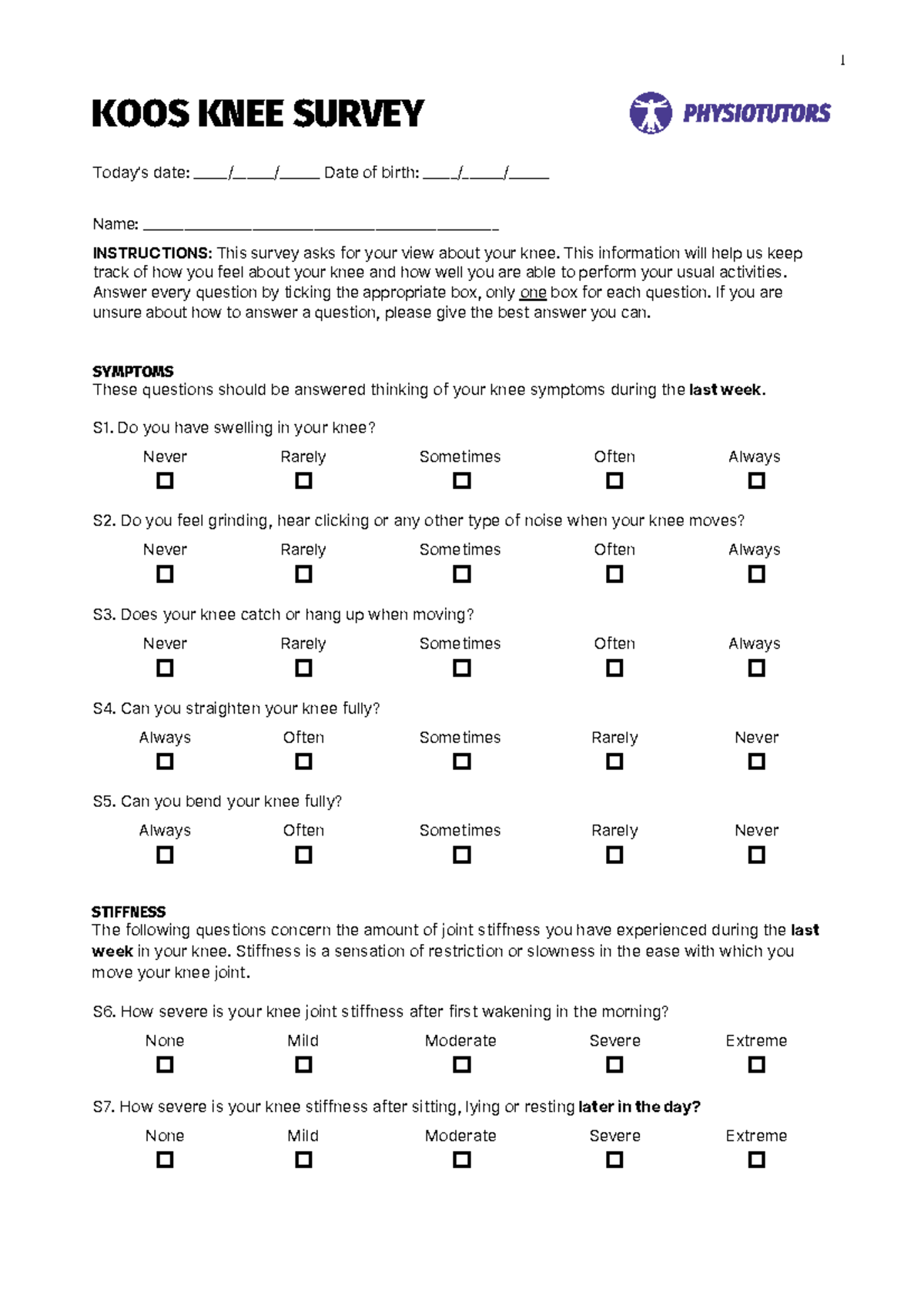 KOOS Knee Survey Instructions and Questionnaire - Studeersnel