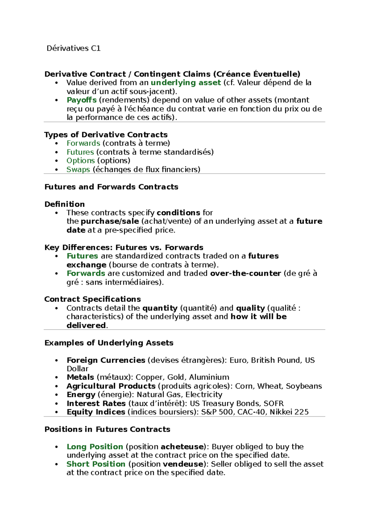 Dérivatives C1 - Notes on Derivative Contracts and Their Mechanics ...