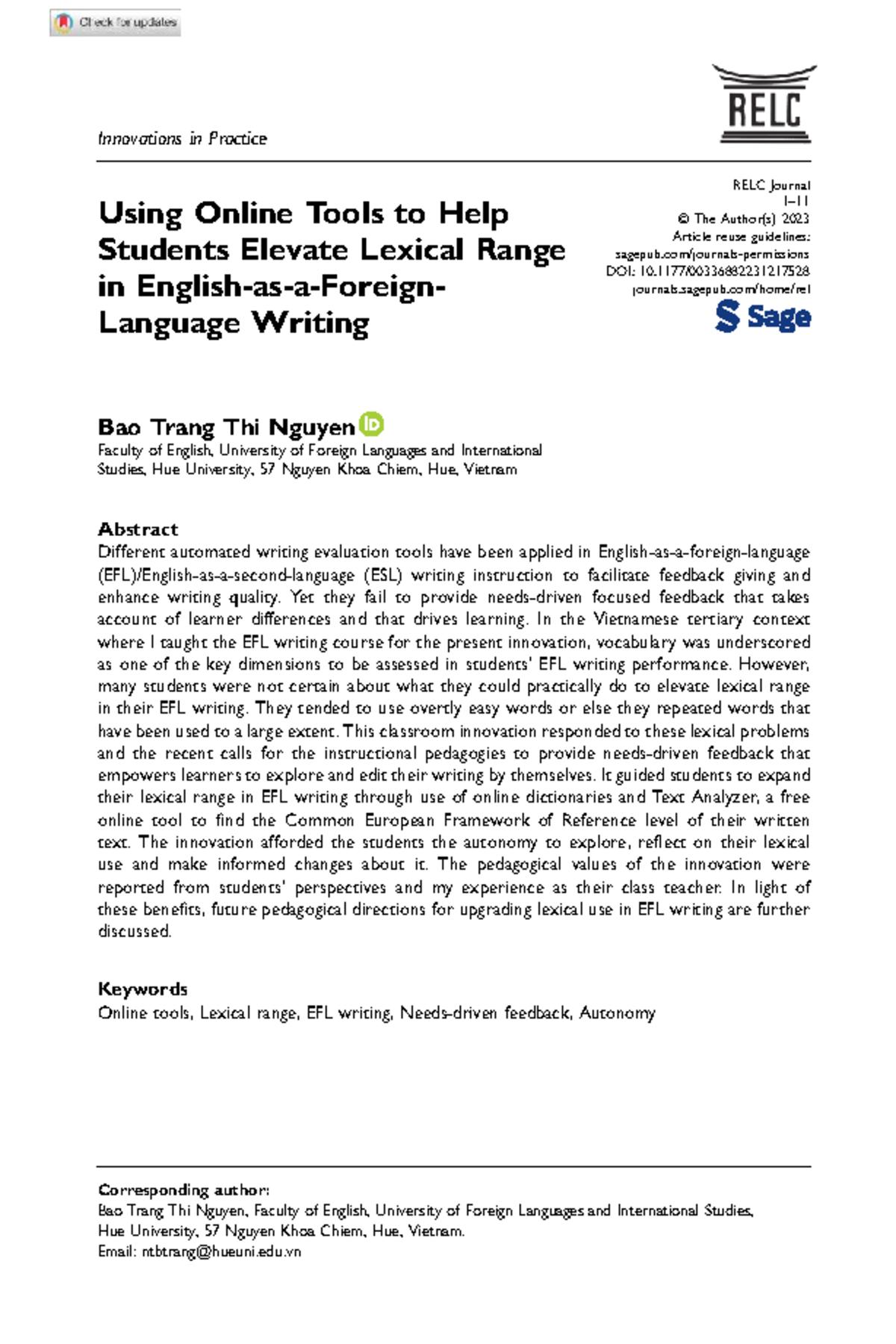 Innovations in EFL Writing: Elevating Lexical Range with Online Tools ...