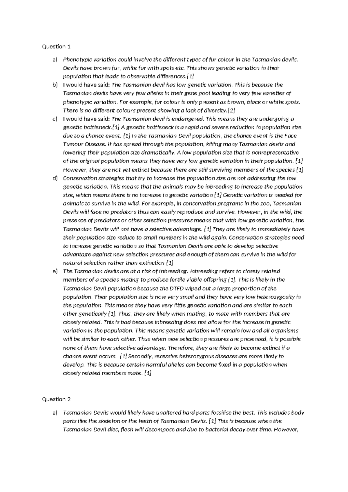 2020 MACROB SAC Sample Answers: Tasmanian Devil Genetics & Conservation ...