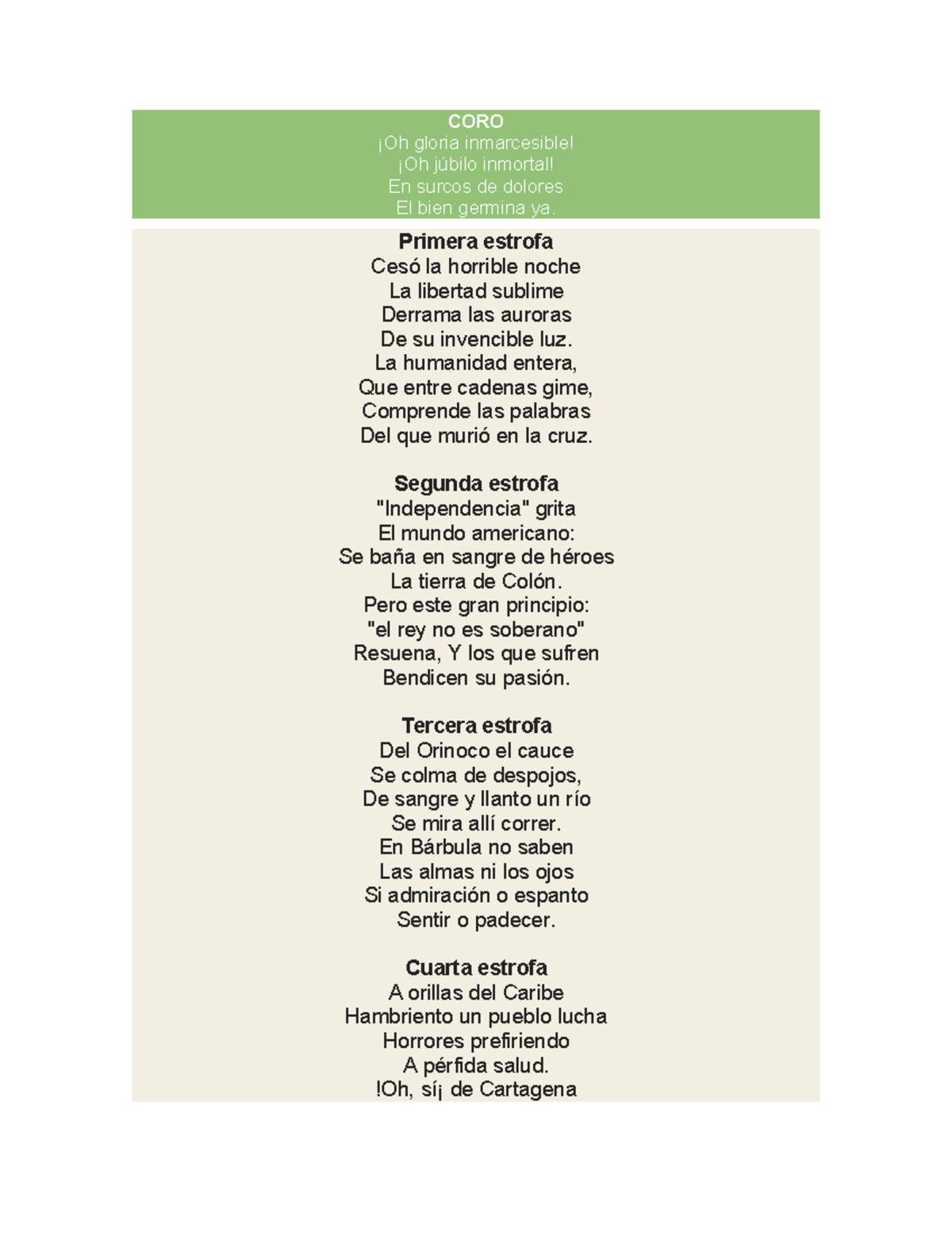 Himno nacional de colombia - CORO ¡Oh gloria inmarcesible! ¡Oh júbilo inmortal! En surcos de ...