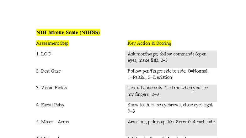NIHSS Assessment Compact Cheat Sheet for Stroke Evaluation - Studocu