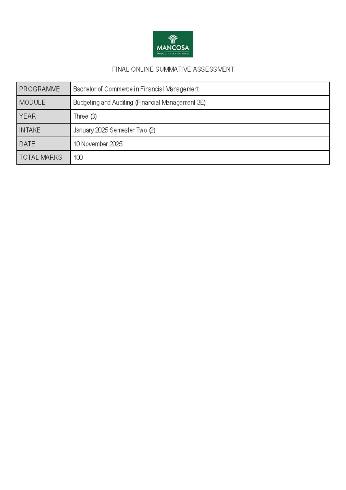 Budgeting and Auditing (Financial Management 3E) - Final Assessment Nov ...