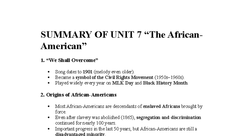 Unit 7 Summary: Civil Rights Movement & African American History - Studocu